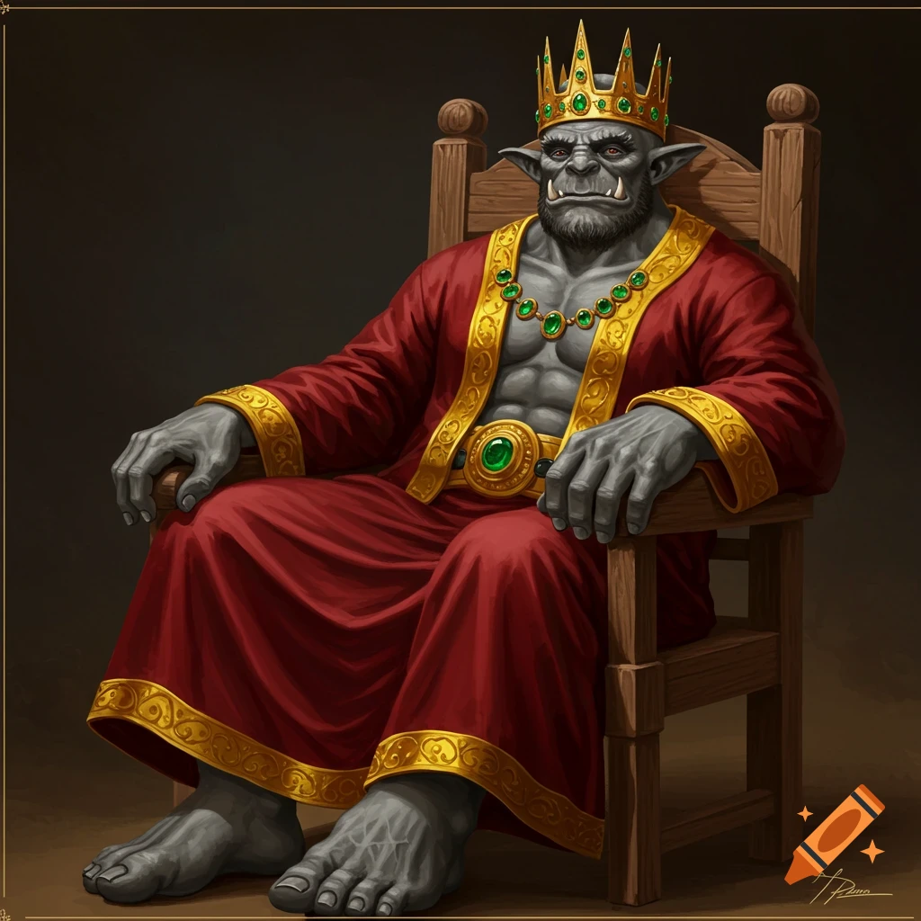 Oil painting of a grey-skinned goliath in a red and gold robe, wearing an emerald crown in a ...