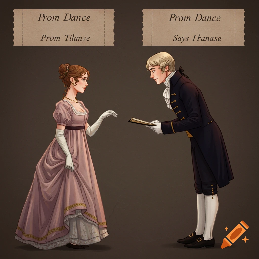 Regency era prom tickets with a lady and man in historical clothing. on ...