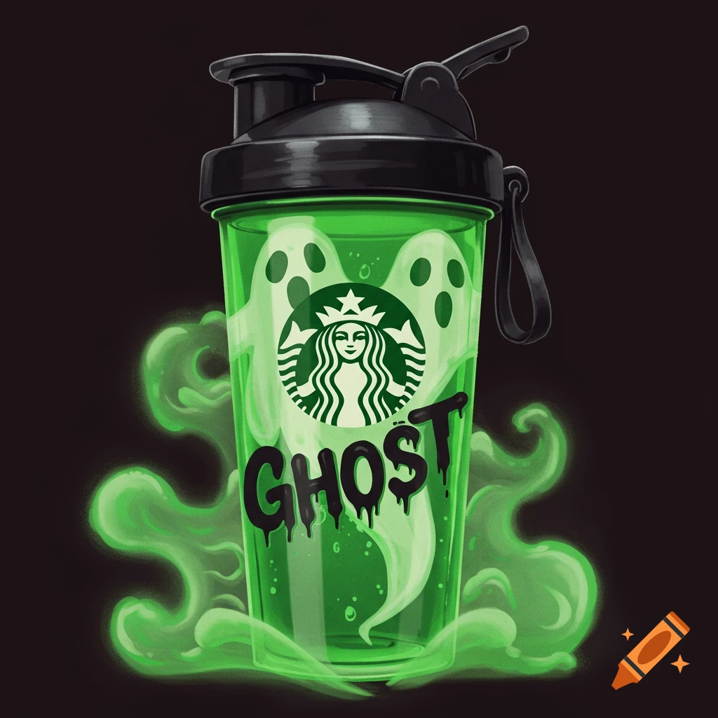 Starbucks themed protein shaker bottle with the word ghost on it on Craiyon