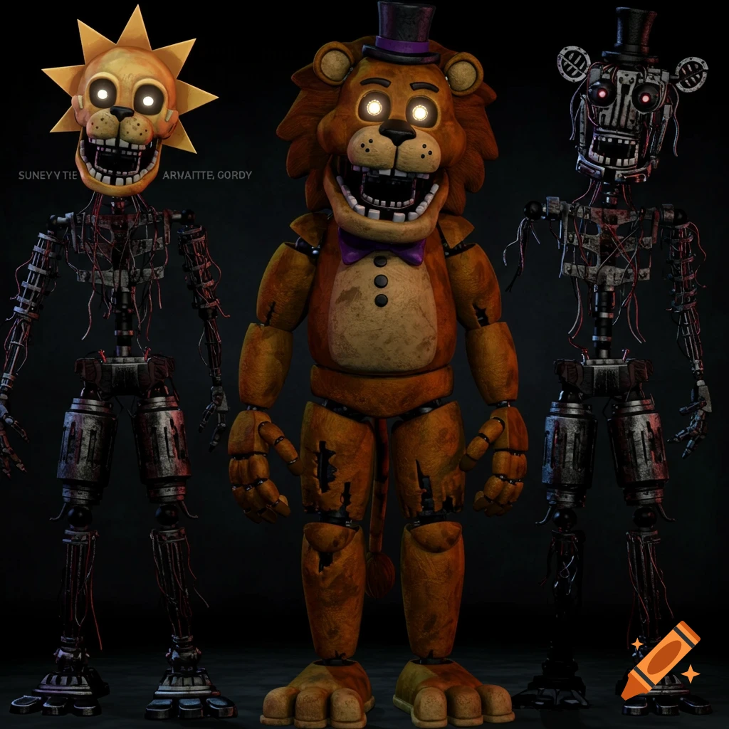 Three animatronic figures, including a sun-faced robot, a lion in a top ...