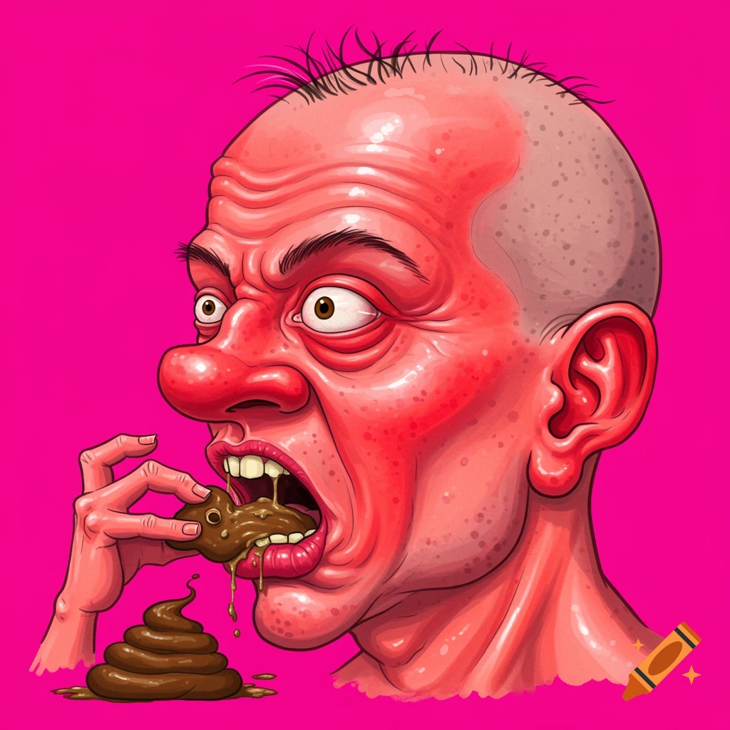 A cartoon illustration of a person with a large head eating a piece of ...