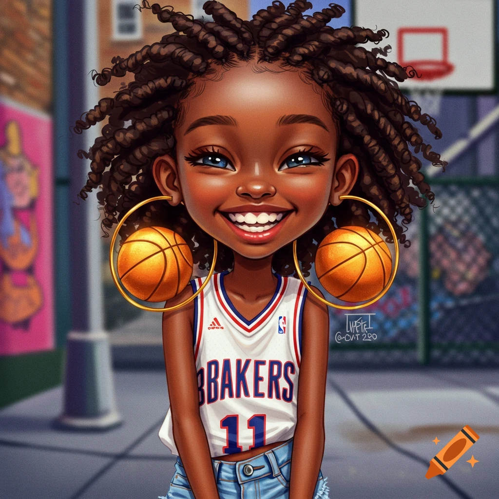 A cartoon of a black girl wearing basketball hoop earrings and a ...