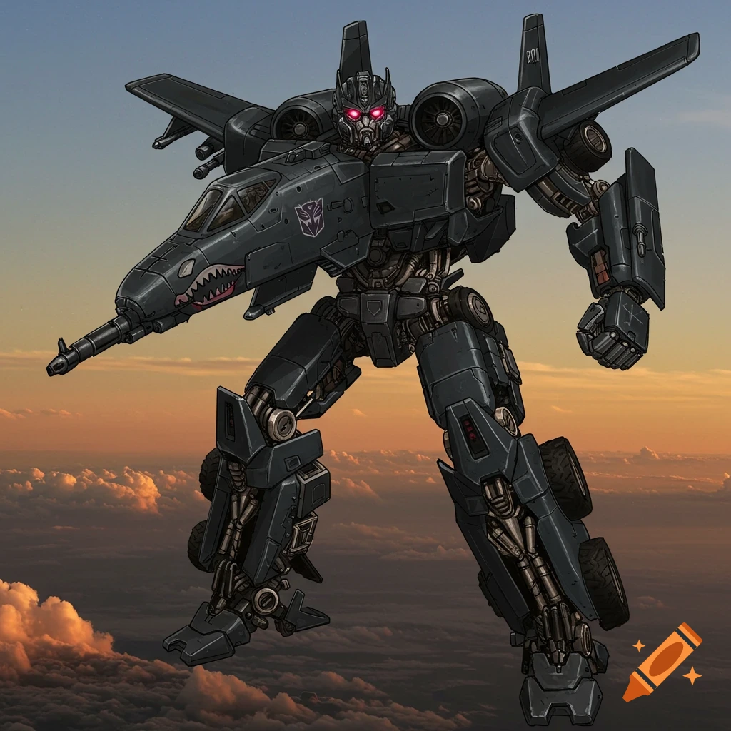Blacked-out A-10 Warthog transformer robot with machine gun on Craiyon
