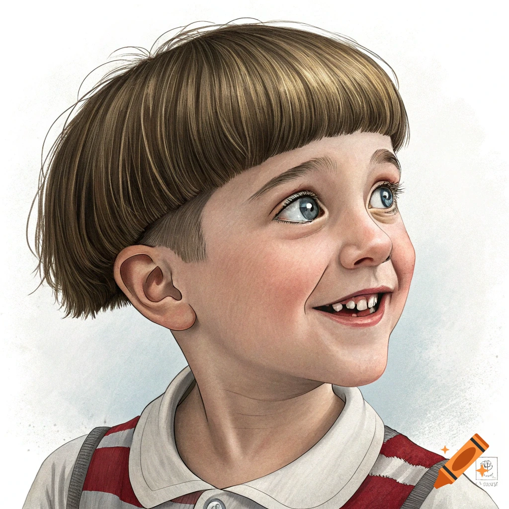 An illustration of a young boy with a bowl cut smiling. on Craiyon