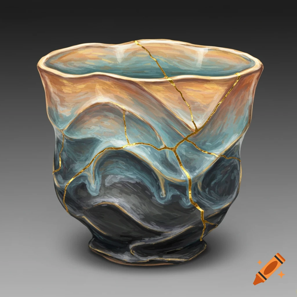 Ceramic teacup with flowing organic form and kintsugi-like highlights ...