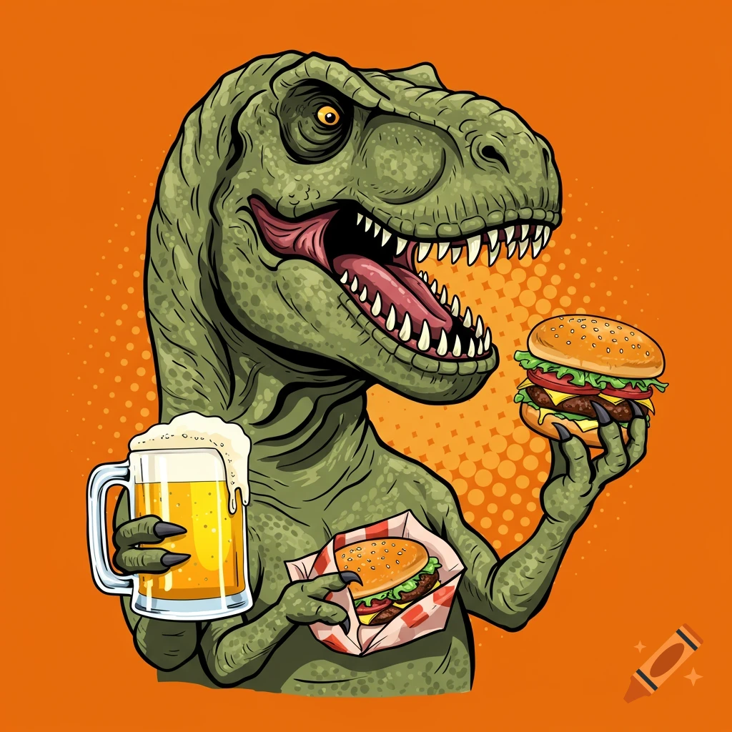 Tyrannosaurus rex with a beer and a burger on Craiyon