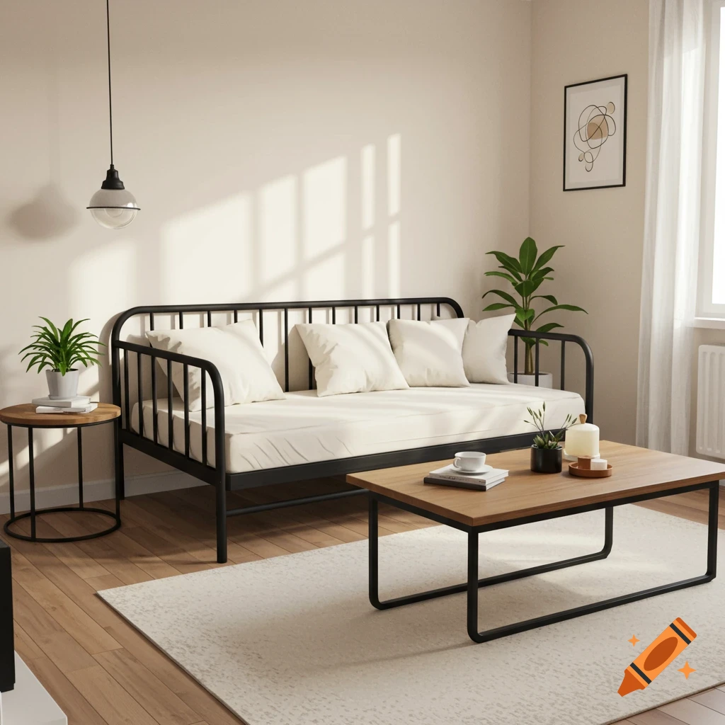 Apartment bedroom with black metal daybed, low coffee table, white and ...