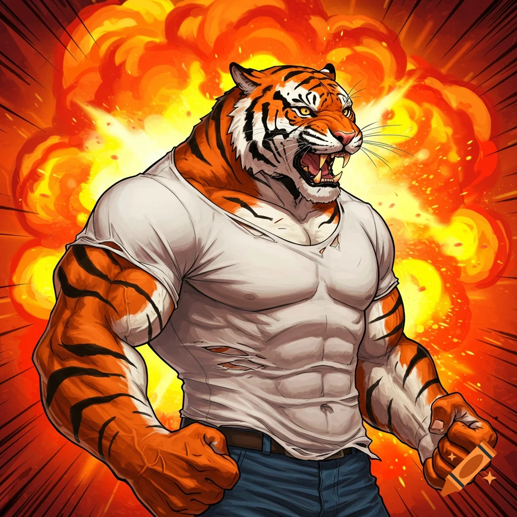 An anthropomorphic female tiger character in a purple bikini flexing ...