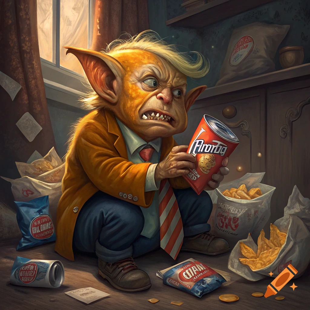 Orange goblin with Donald Trump's face eating junk food on Craiyon