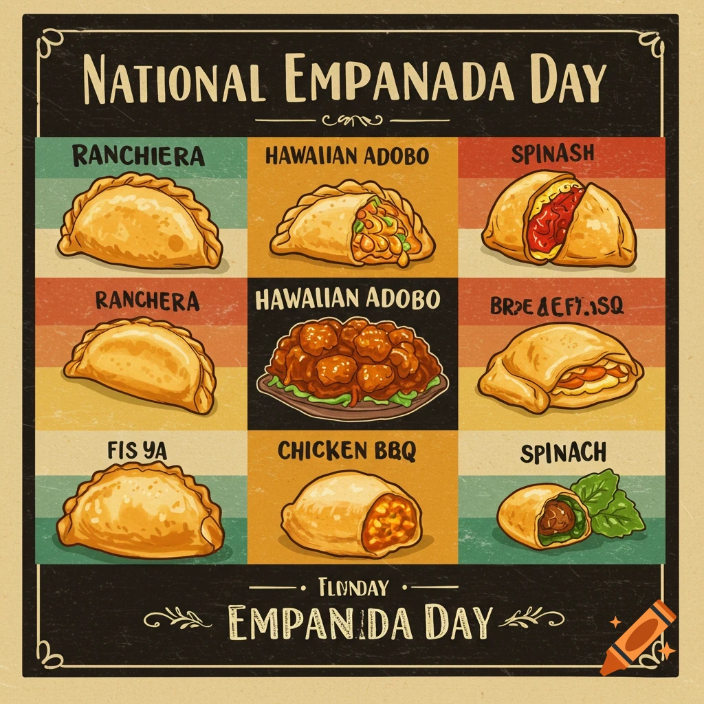 National Empanada Day sign with various flavors listed on Craiyon