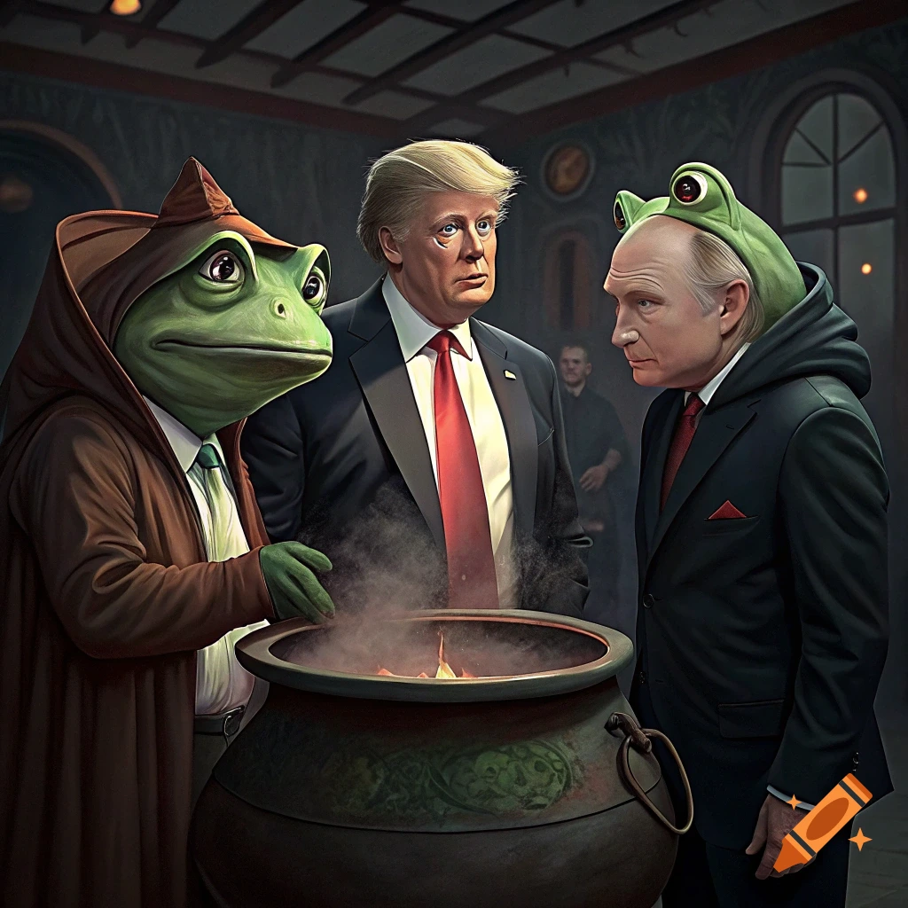 Elon Musk, Donald Trump, and Vladimir Putin around a cauldron with ...