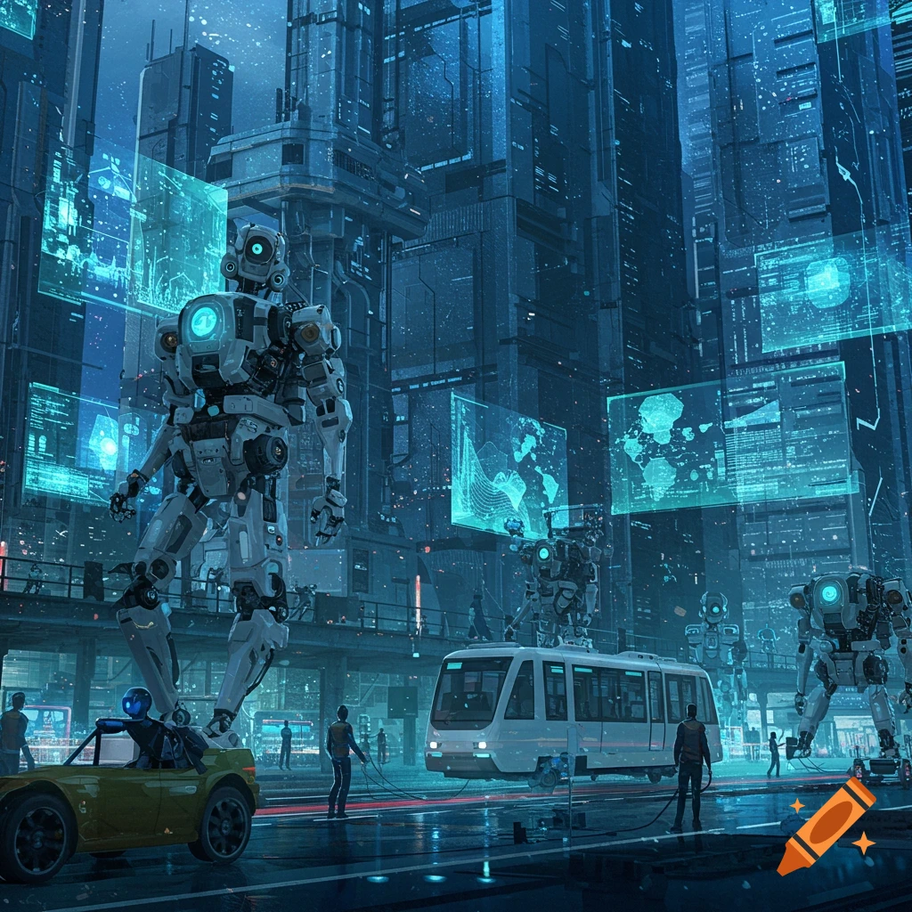 Futuristic AI-run city with helpful robots on Craiyon