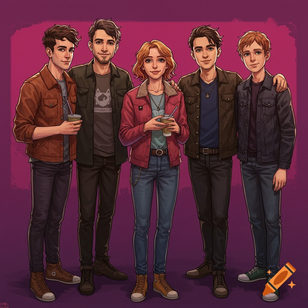 A band of five people with a fan at a meet-and-greet, all smiling and ...