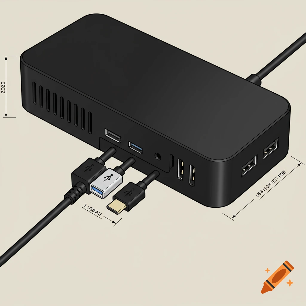 Sketch of a black rectangular box with USB-C, Lightning, and USB-A ...