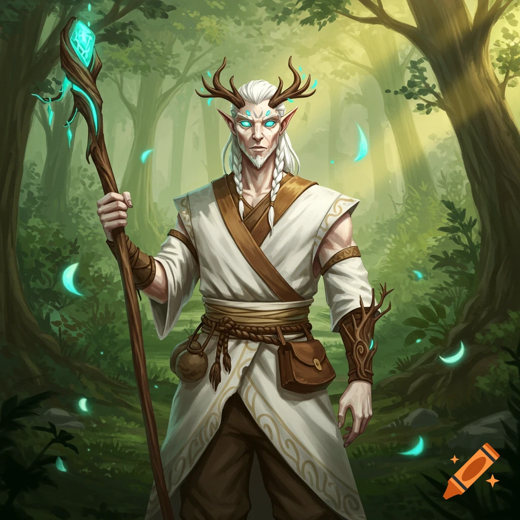 A horned male druid in green leaf armor holds a staff and spellbook ...