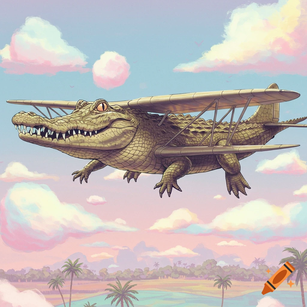 Illustration of an alligator flying through pastel clouds like a ...