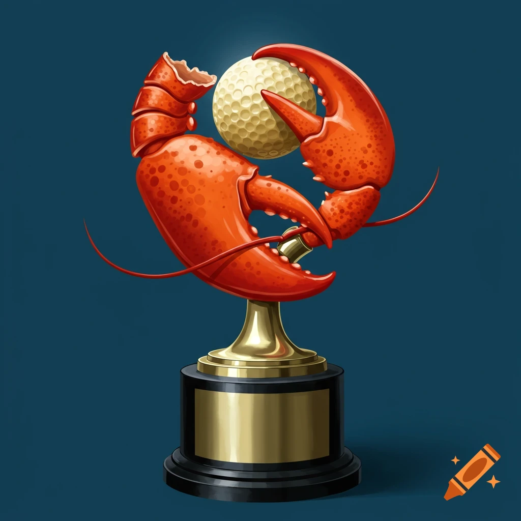 An illustration of a golf trophy with a lobster claw holding a golf ...