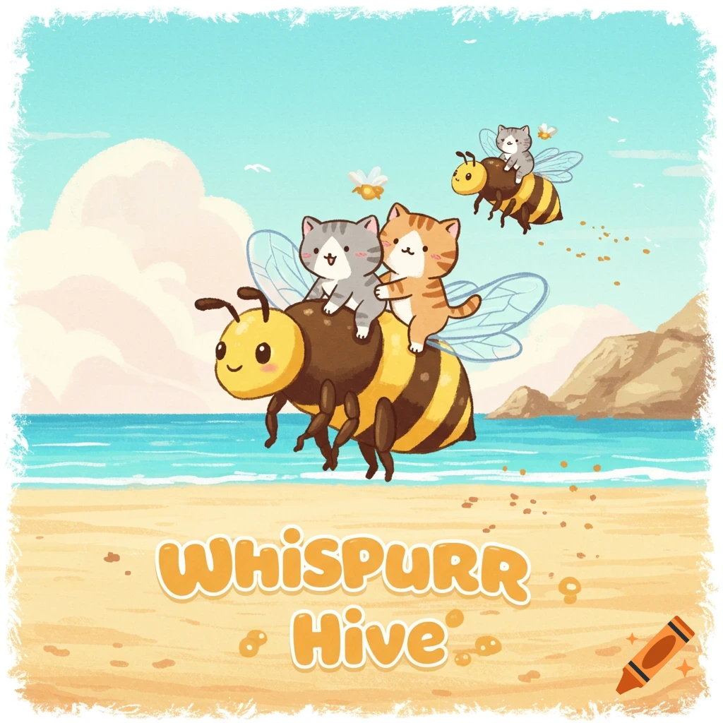 Whispurr Hive store logo featuring kittens riding bees on the beach on Craiyon