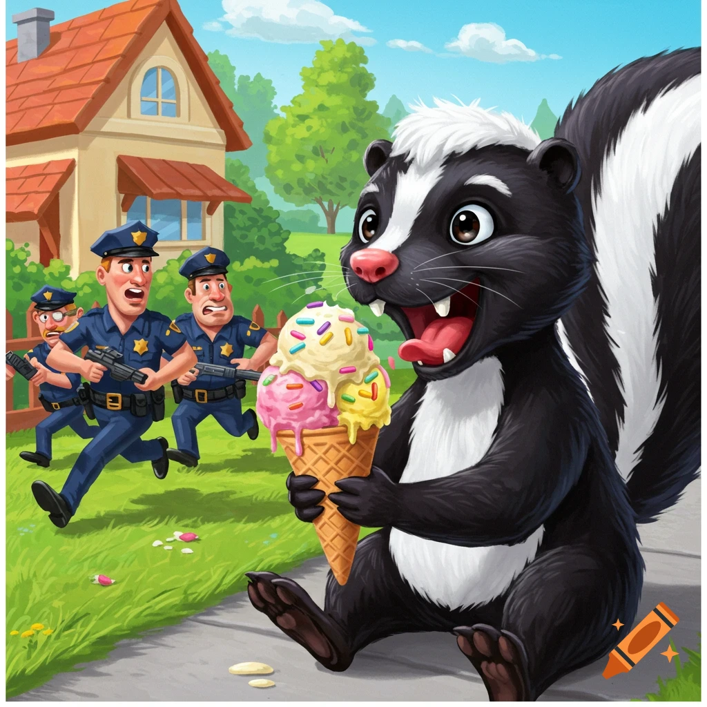 Police chasing an ice-cream eating skunk on Craiyon