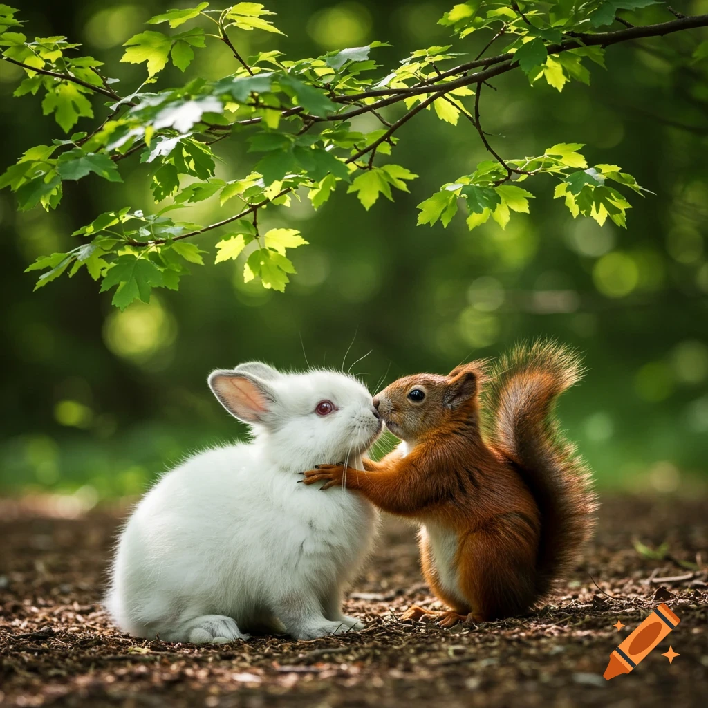 A white rabbit and a squirrel touch noses in a forest under green ...