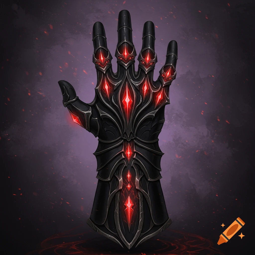 Obsidian gauntlet with seven crimson-energy crowns, evolving into ...
