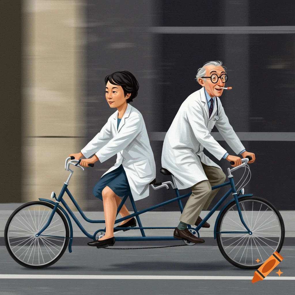 Asian woman doctor and Dutch male doctor riding a tandem bike on Craiyon