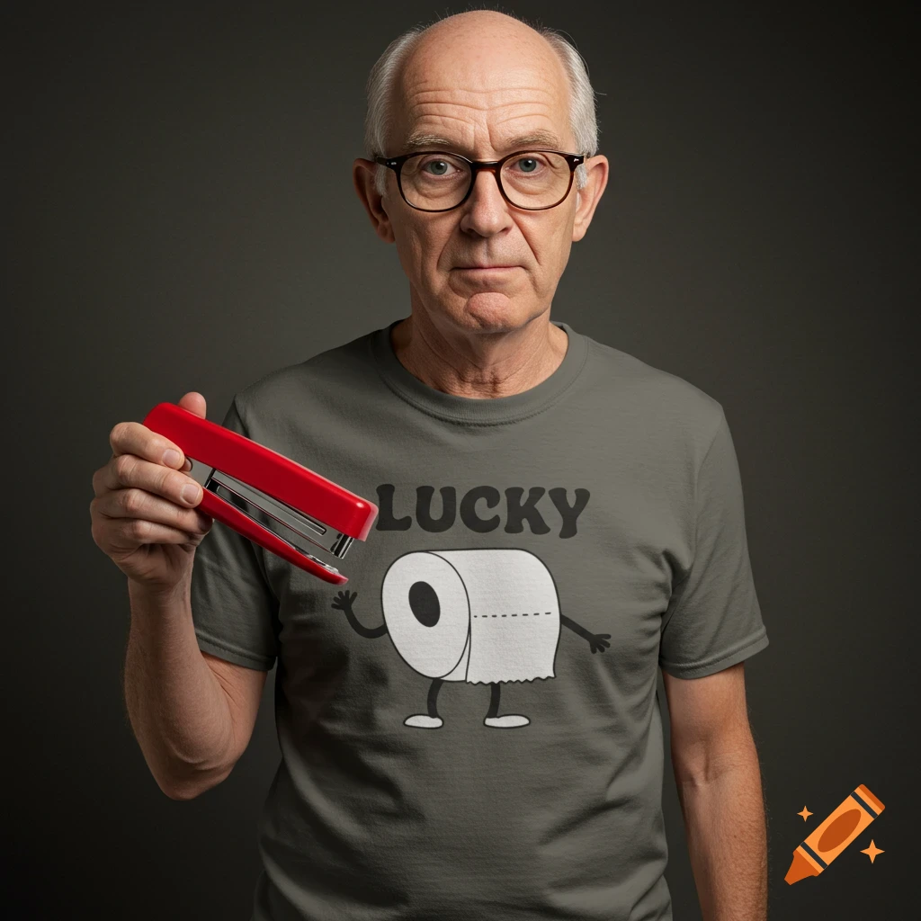 Studio portrait of an older man in glasses holding a red stapler ...