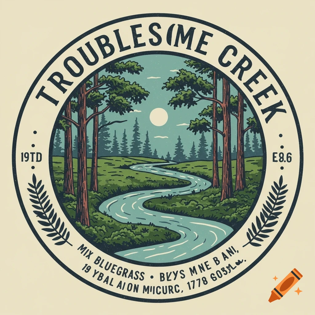 Troublesome Creek circular band logo with trees and stream on Craiyon