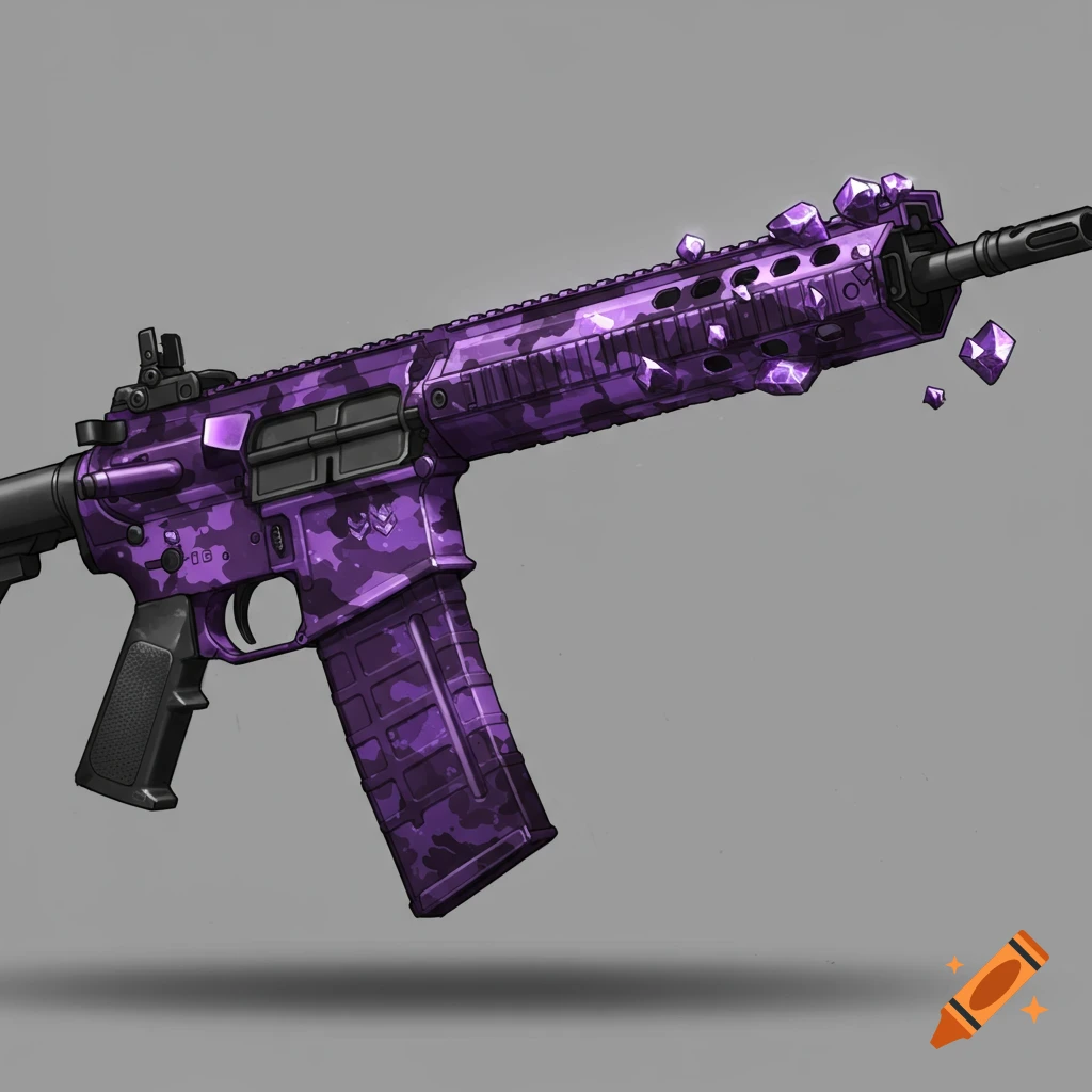 Illustrative depiction of an assault rifle with purple crystal ...