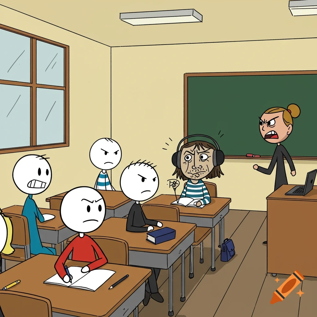 A cartoon shows an angry teacher facing a classroom of stickman ...