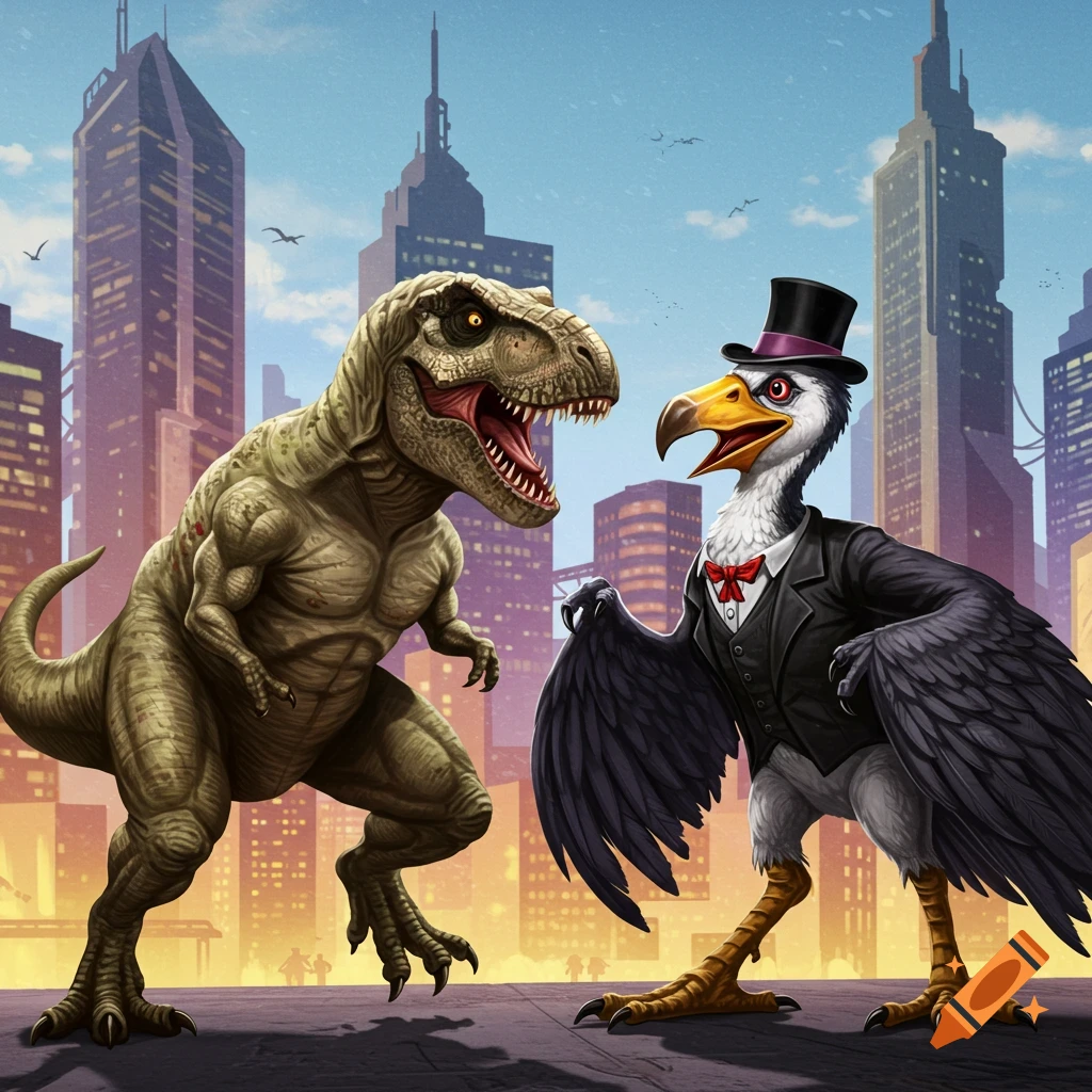 A muscular T-Rex faces a muscular bird in a top hat on a rooftop ...