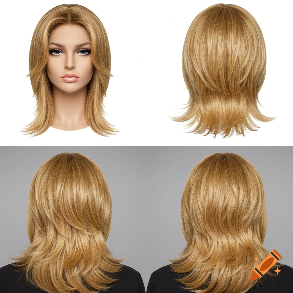 Blonde medium-length layered wig displayed from multiple angles on Craiyon