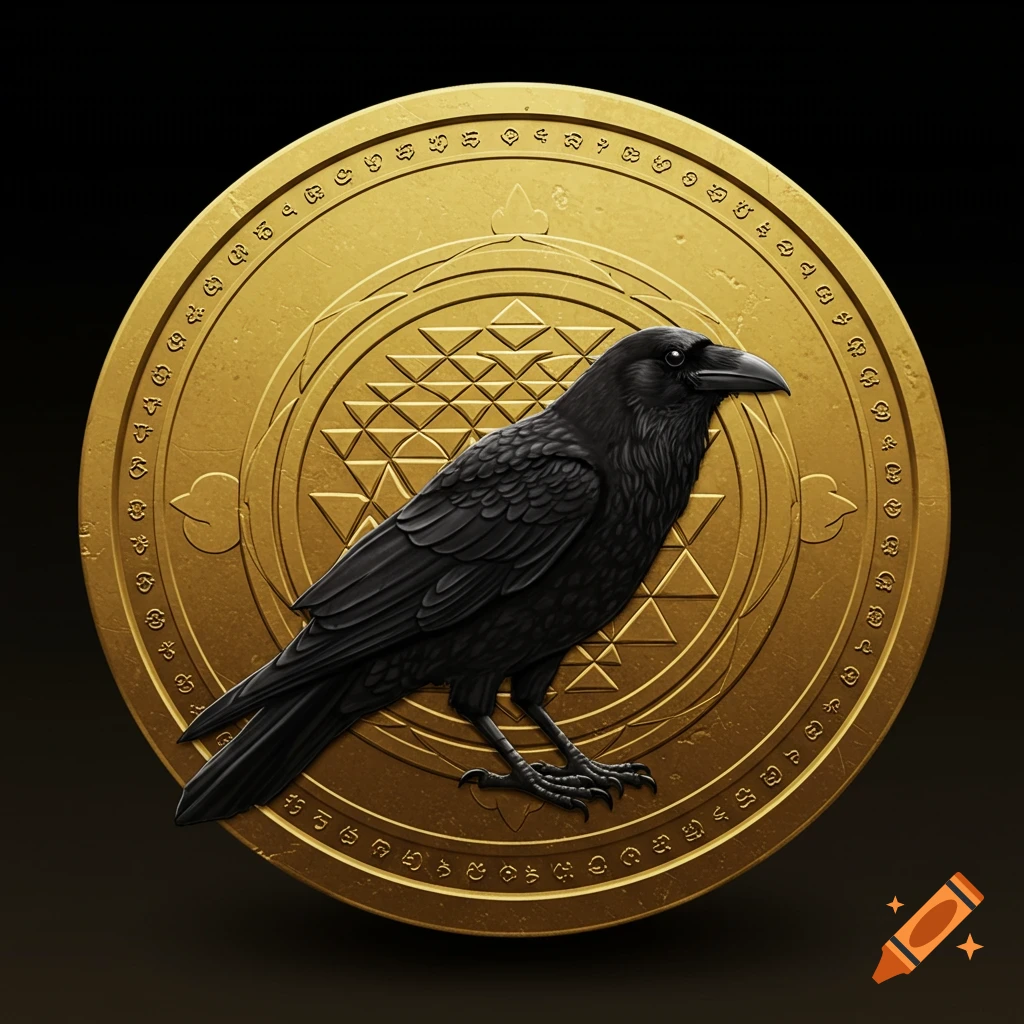 Gold coin with a black crow and metallic blue sri yantra on Craiyon