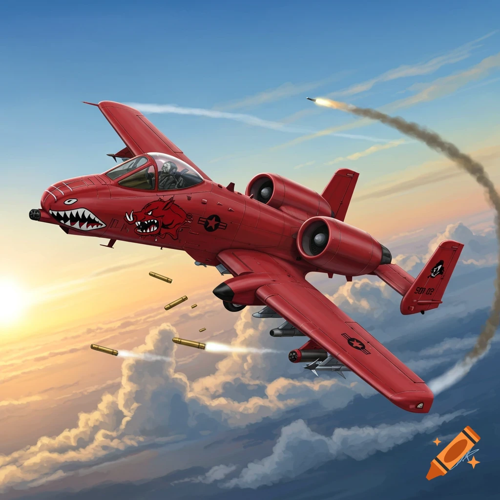 Red A-10 Warthog jet flying through clouds at sunset, shooting its ...