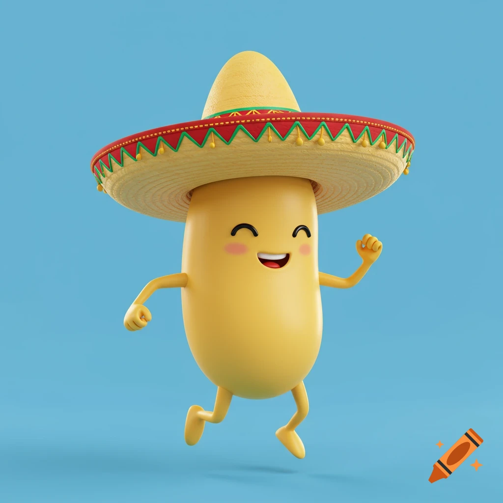 Cartoon bean character wearing a sombrero on Craiyon