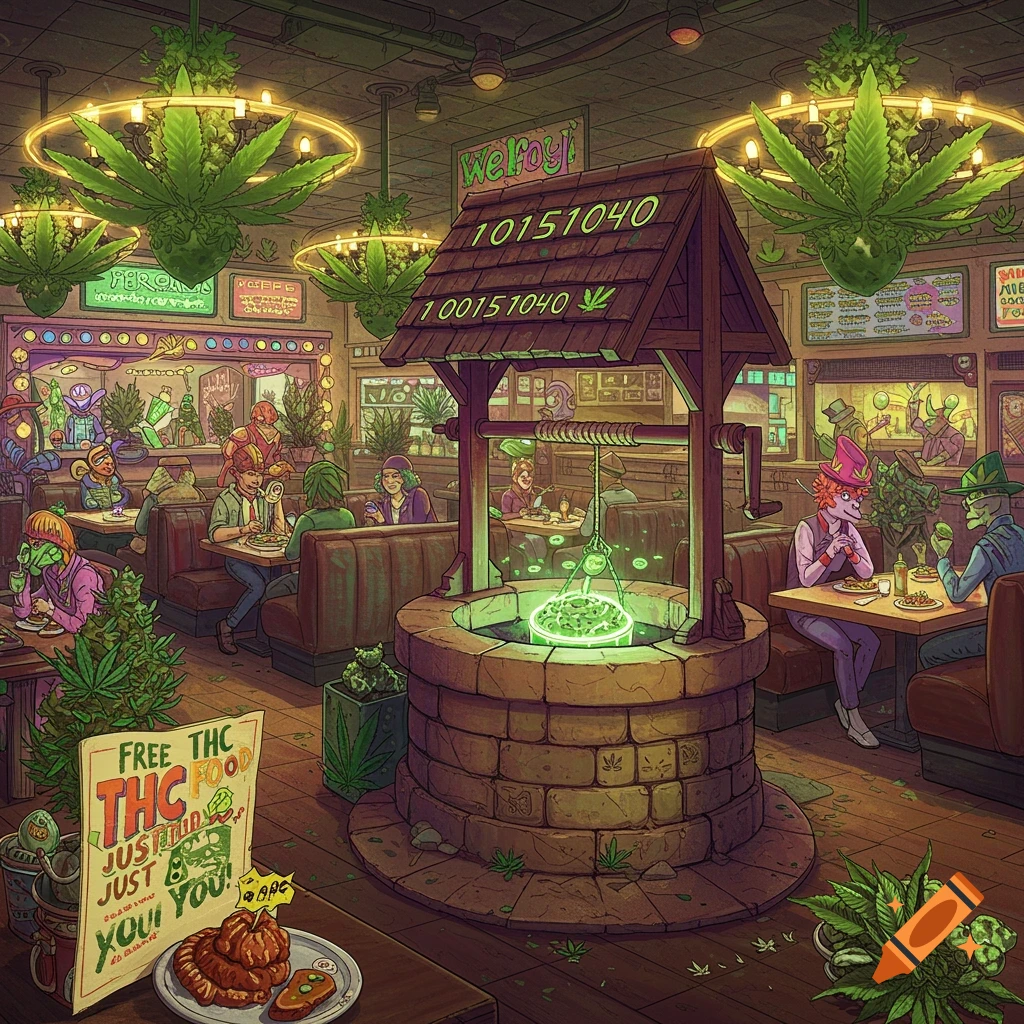 Cannabis-themed restaurant with wishing well and menu offering free THC ...