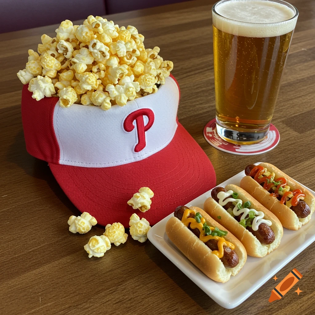 Phillies hat with popcorn, hot dog sliders, and beer photograph at a ...