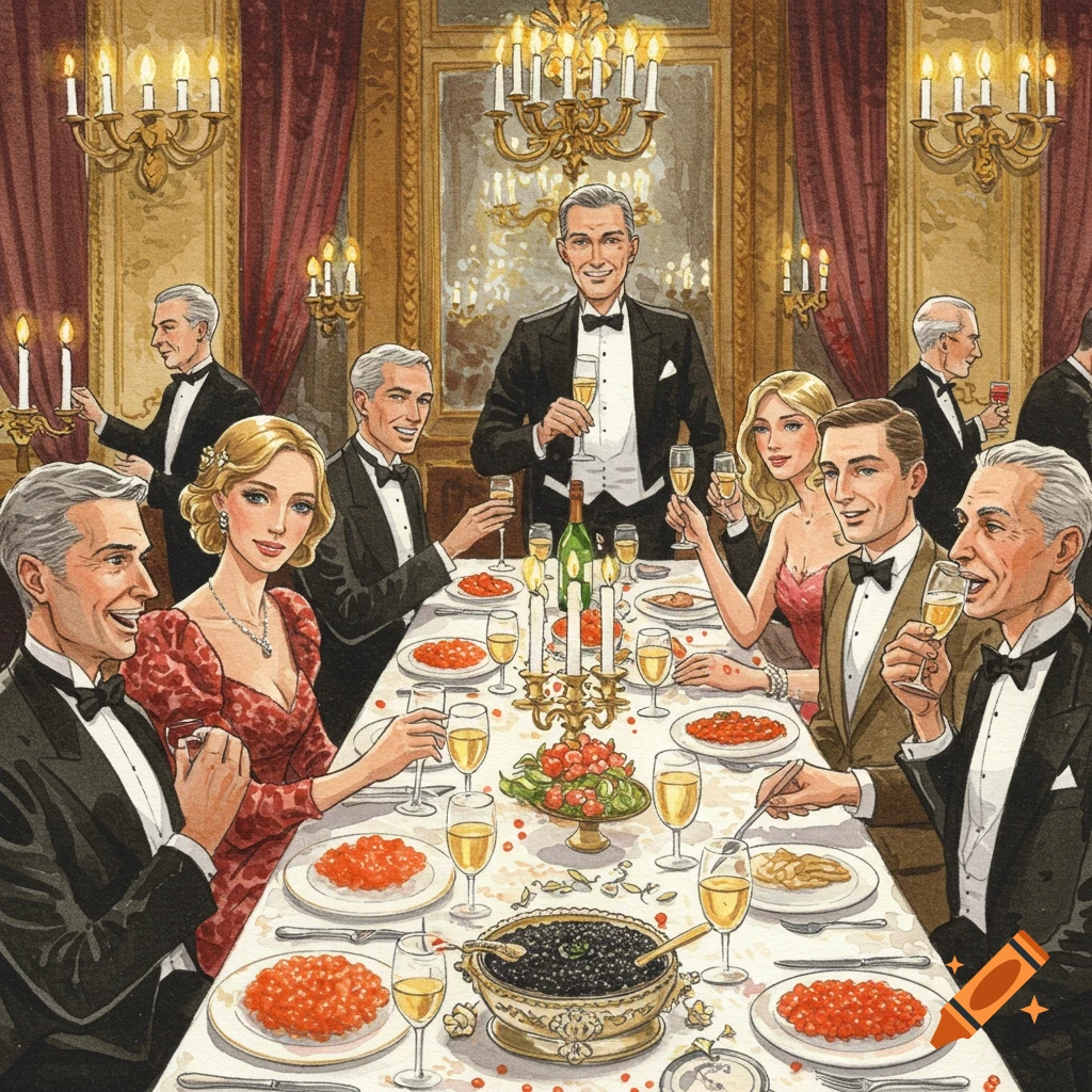 Watercolor painting of people in formal wear at a dinner party with ...