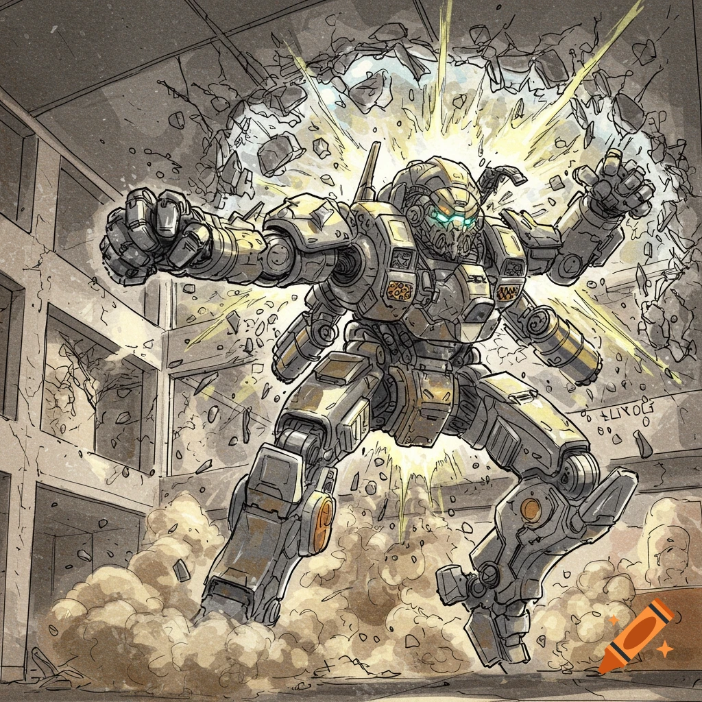 Drawing of a giant mech punching through a building ceiling on Craiyon
