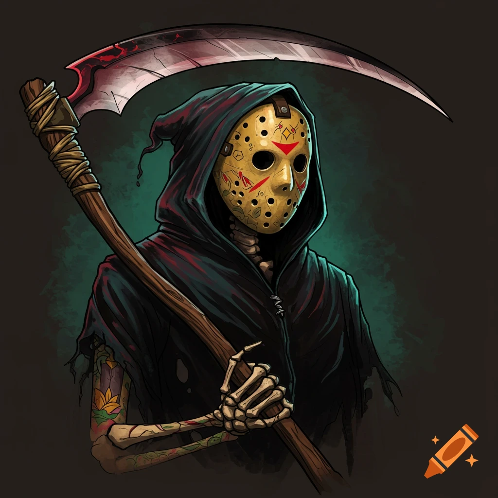 Grim Reaper figure wearing a Jason mask and cloak, holding a scythe, with skeleton hands visible ...