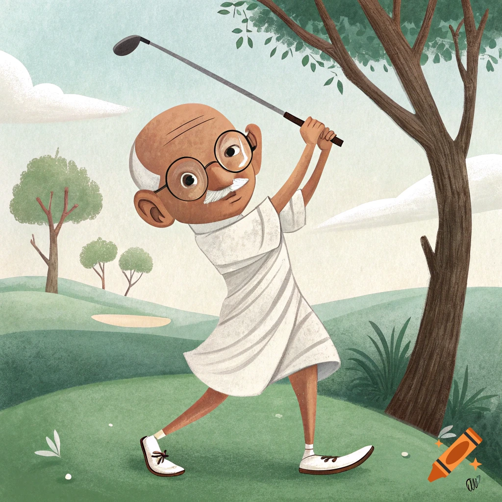 Cartoon of Mahatma Gandhi playing golf, swinging a driver on a golf ...