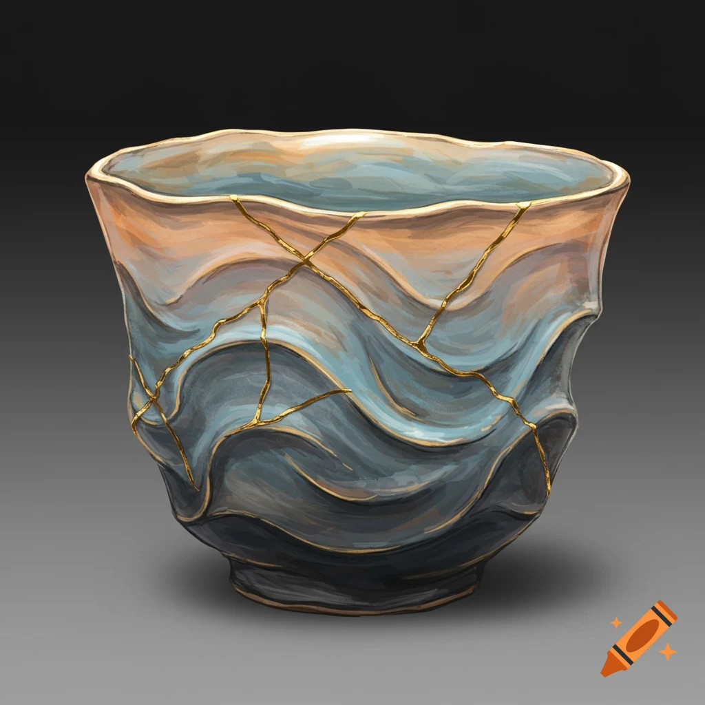 Ceramic teacup with flowing organic form and kintsugi-like highlights ...