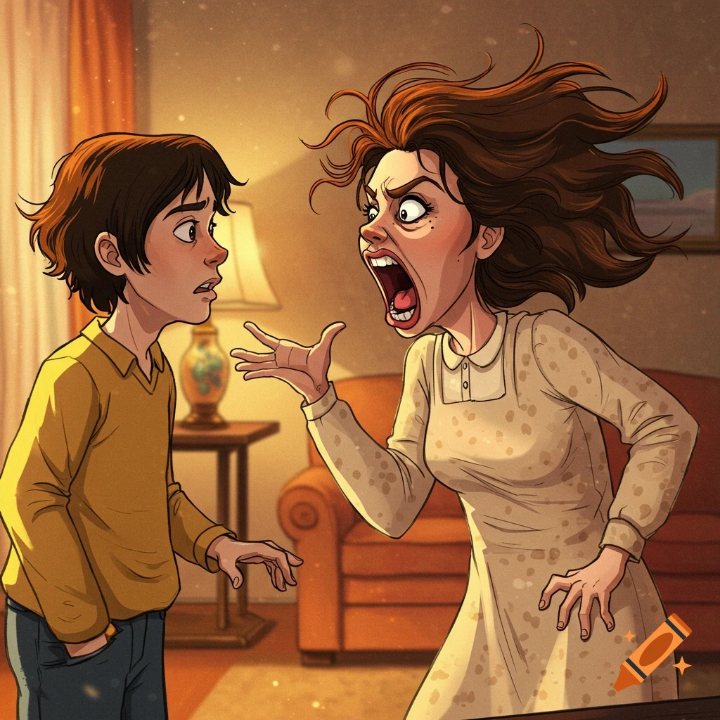 Illustration of a girl crying while a boy shouts and gestures angrily at her. on Craiyon