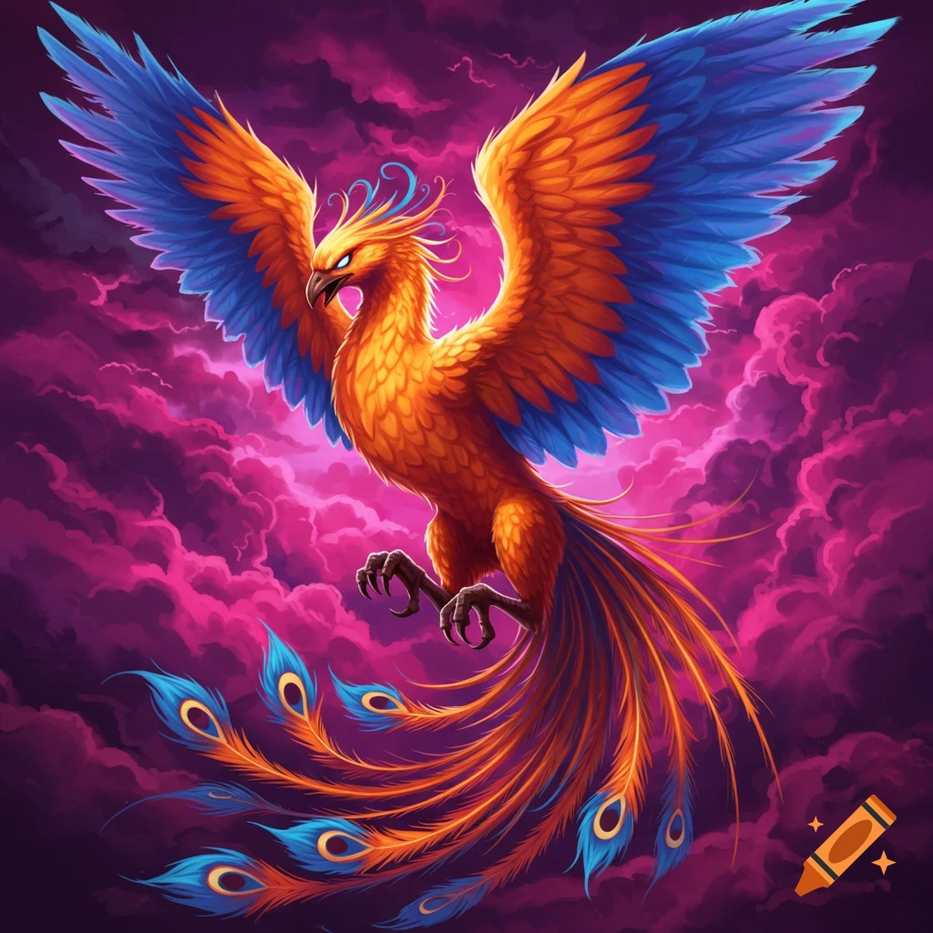 An orange and blue phoenix flying through vibrant pink clouds. on Craiyon
