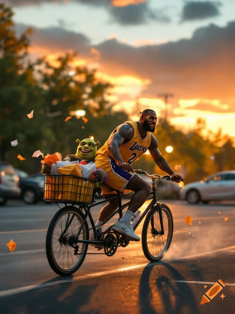 LeBron James in Lakers uniform and Shrek ride a bicycle with groceries ...