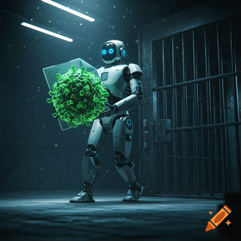 Antivirus bot with virus file taking it to jail cell on Craiyon