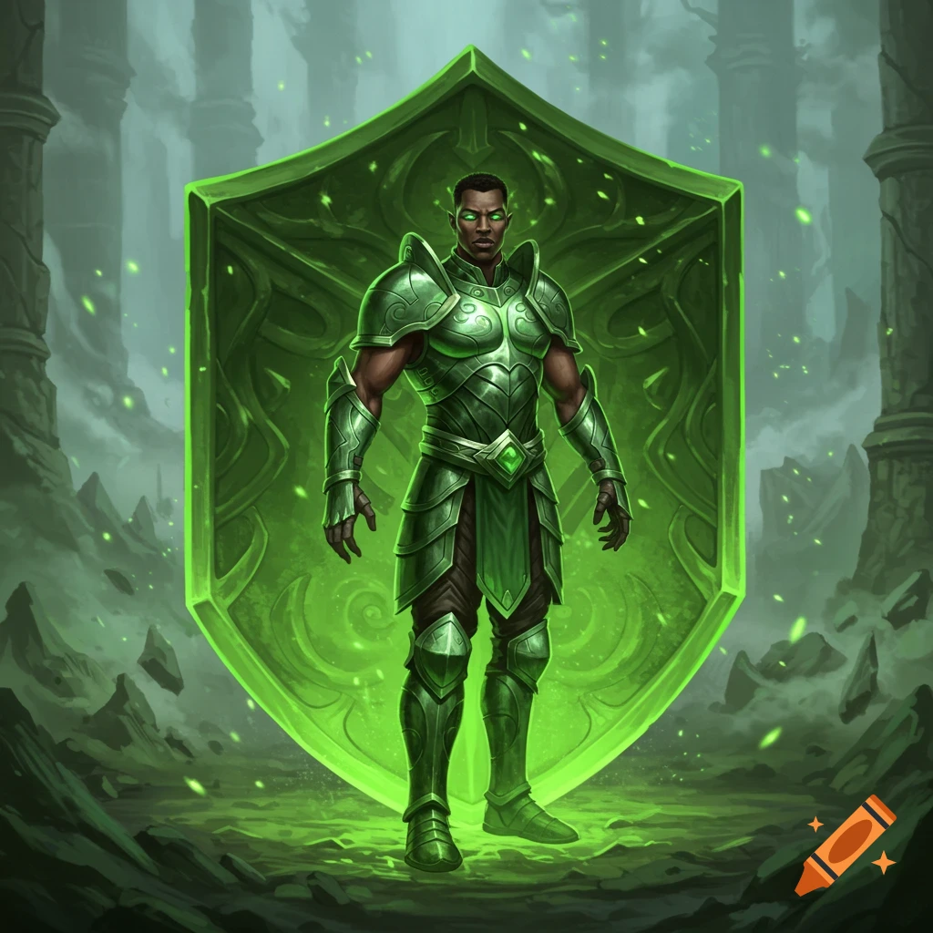 Warrior in glowing green armor stands before a large green shield in a ...