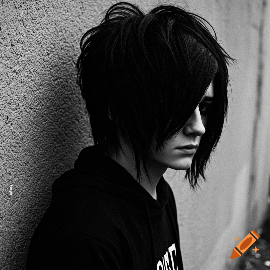 Black and white portrait of an emo person with long dark hair leaning ...