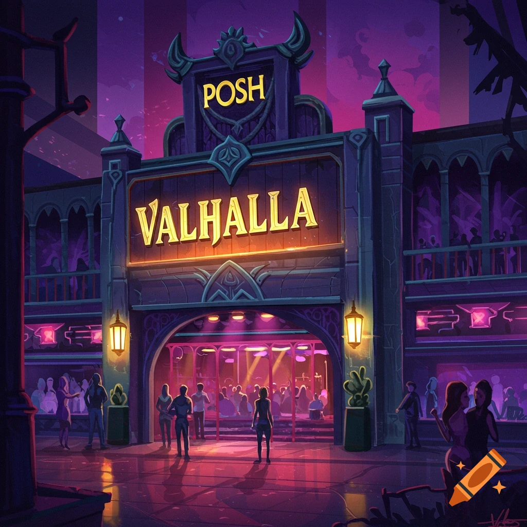 Stylized drawing of a nightclub called Posh Valhalla at night with ...