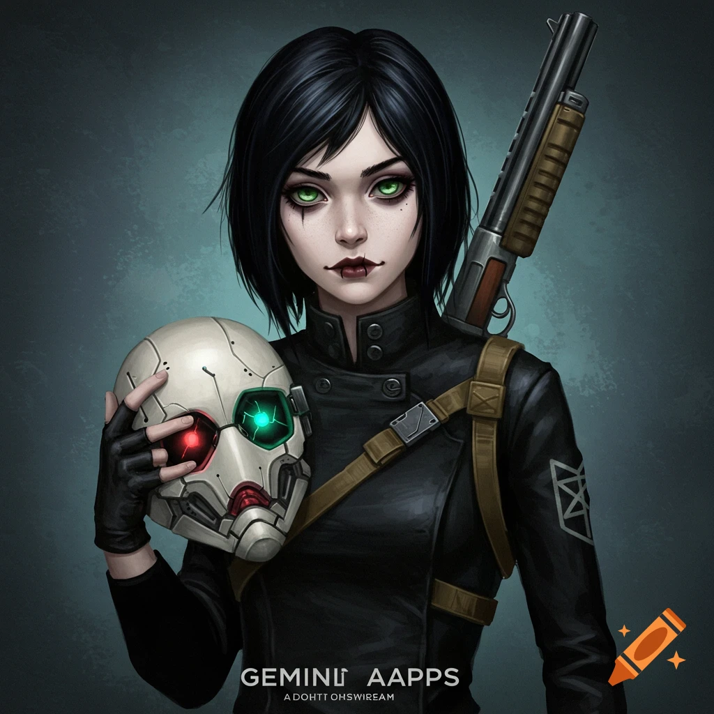 Goth scientist with Neurocaster helmet and shotgun on Craiyon